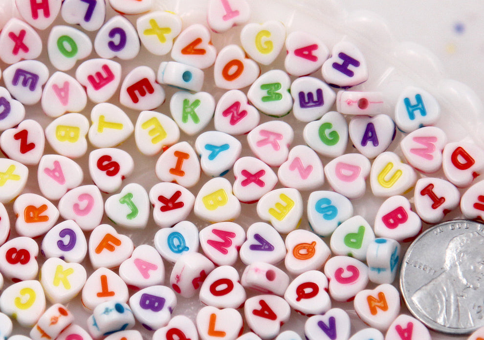 Letter Beads - 7mm Little Colorful Heart Shaped Alphabet Acrylic or Re ...